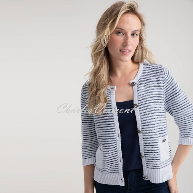 Marble Textured Stripe Knit Cardigan - Style 7875-102 (White / Navy ...