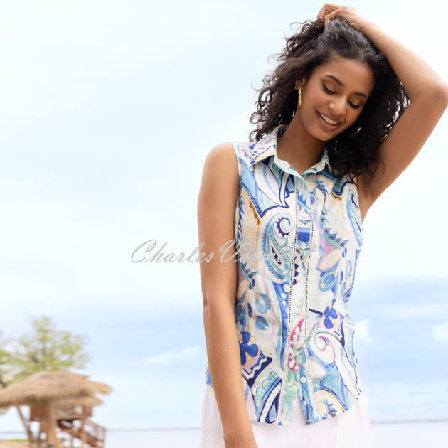 Alison Sheri Abstract Paisley Print Linen Mix Sleeveless Blouse - Style ...